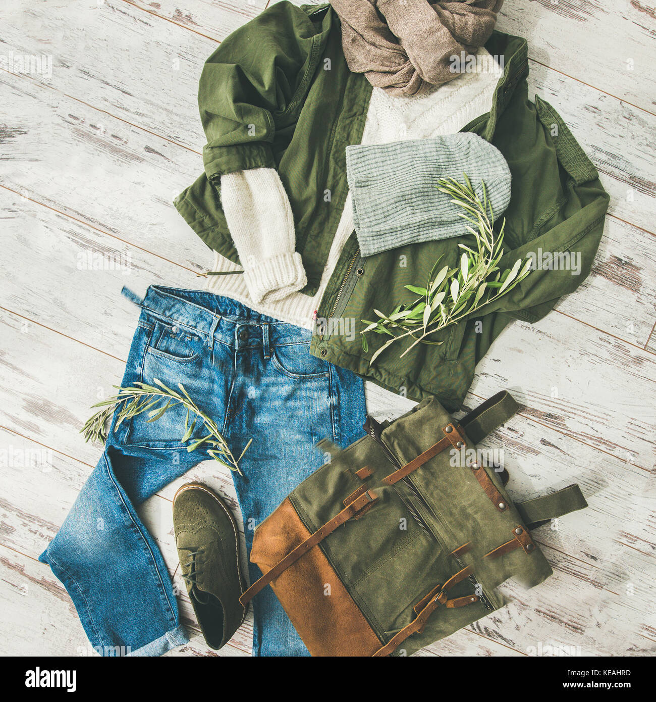 Flat-lay of Fall lady' s outfit on parquet, square crop Stock Photo - Alamy