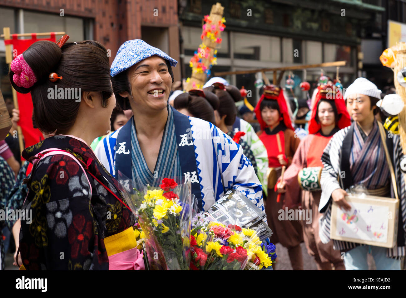Tokyo, Japan - September 24 2017: Edo Costumed persons are talking and ...
