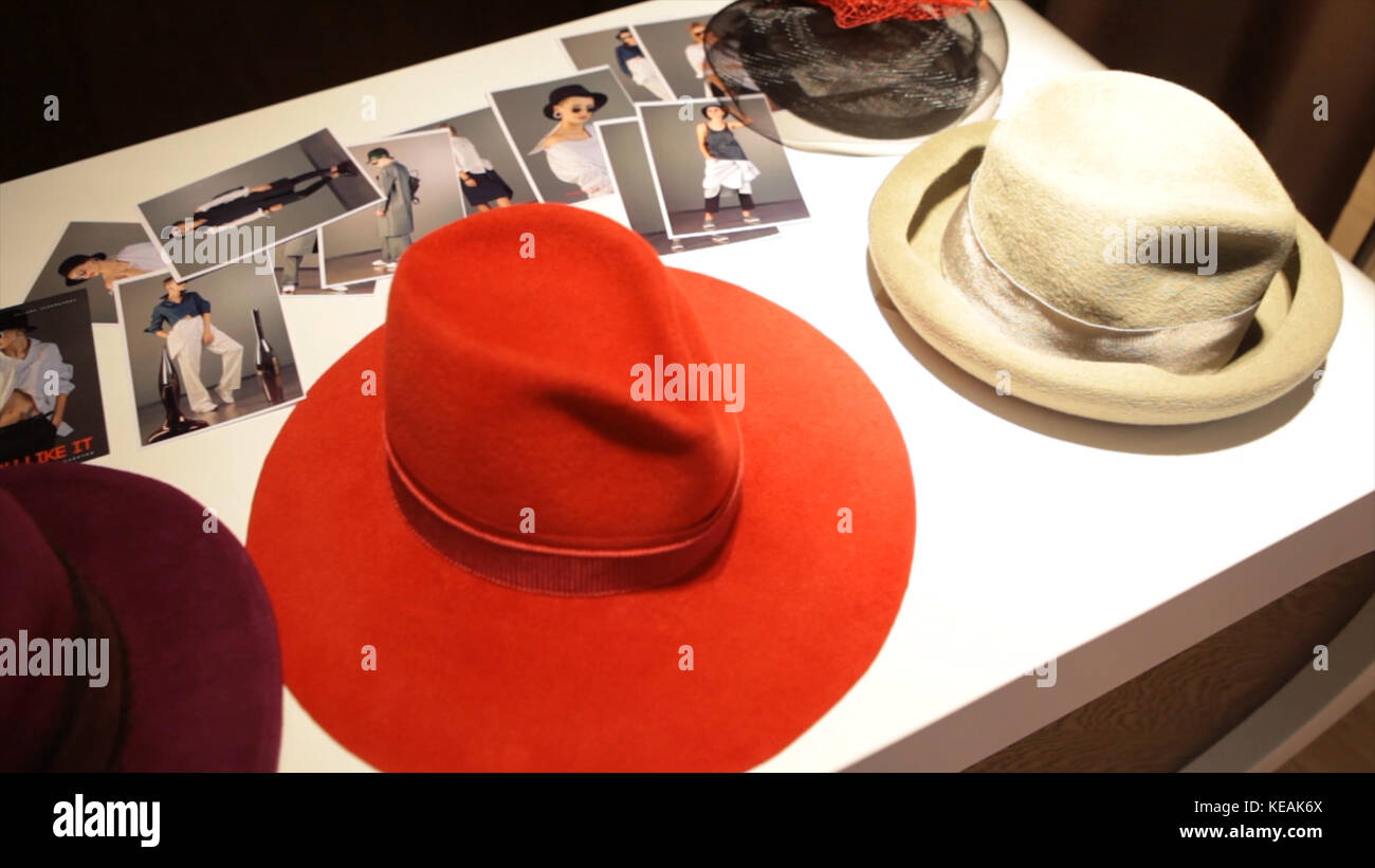 Collection of fashion hats on the table. Collage with different hats ...