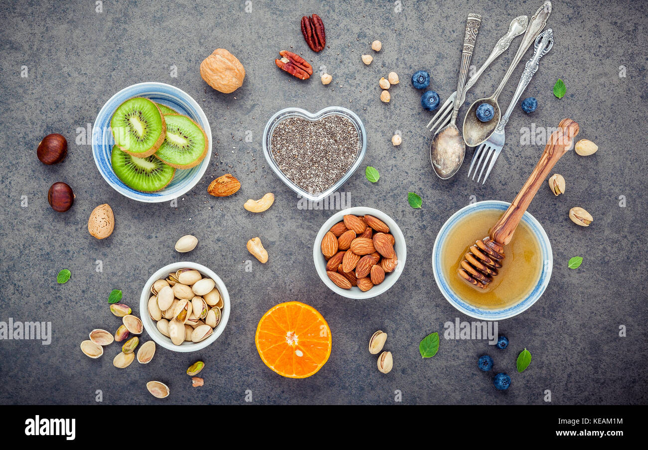Ingredients for a healthy foods background, nuts, honey, berries ...