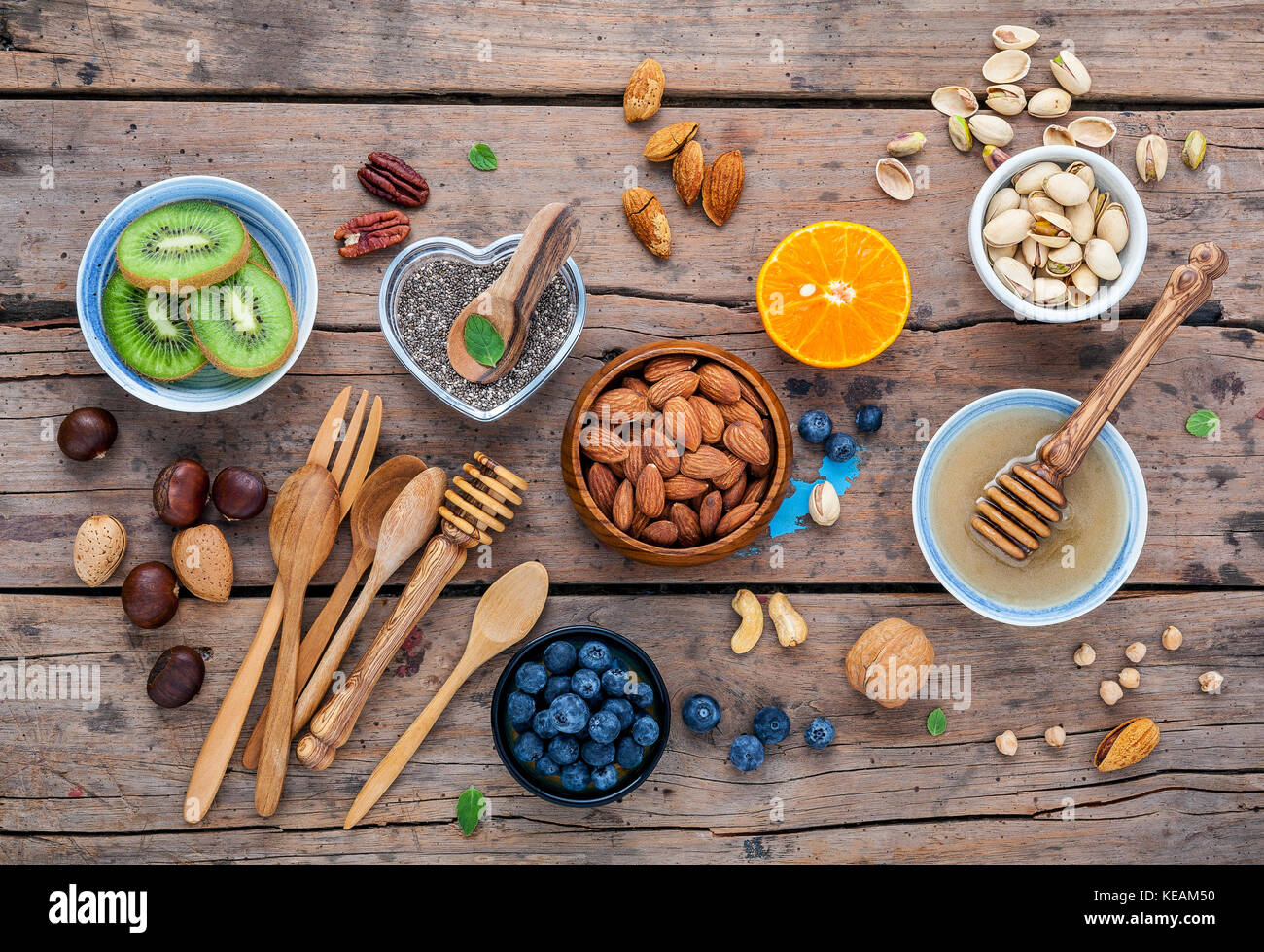 Ingredients for a healthy foods background, nuts, honey, berries ...