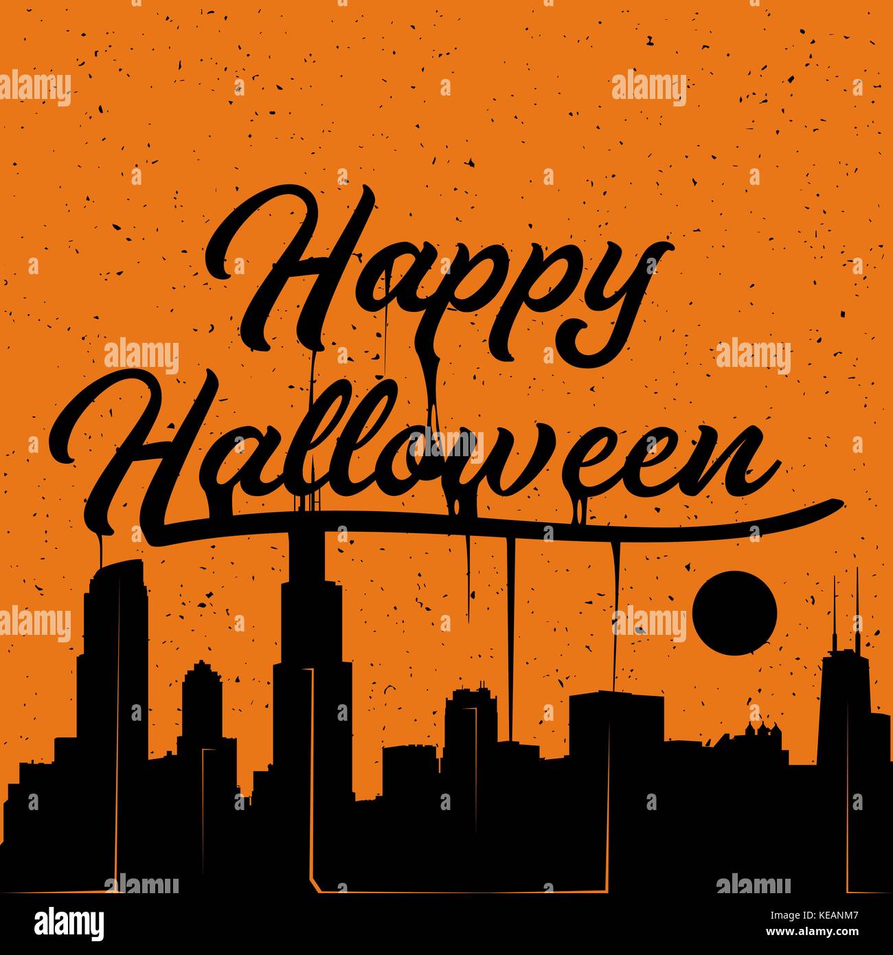 Happy Halloween dripping sign with city silhouette. Vector illustration ...