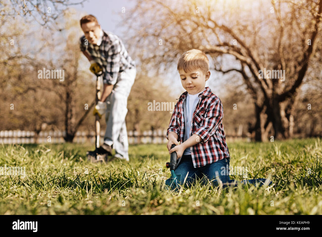 Delighted father digging soil for planting Stock Photo - Alamy