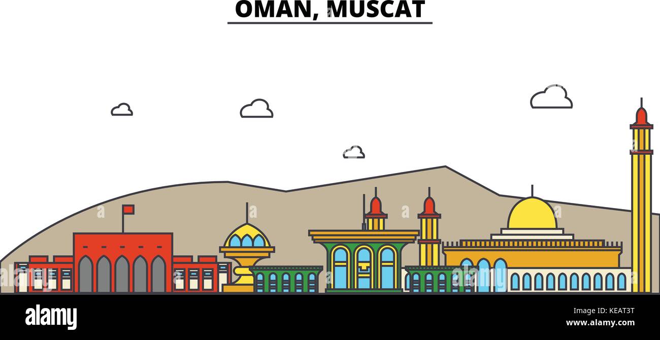 Oman, Muscat. City skyline architecture, buildings, streets, silhouette ...