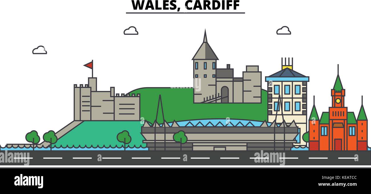 Wales, Cardiff. City skyline architecture, buildings, streets ...