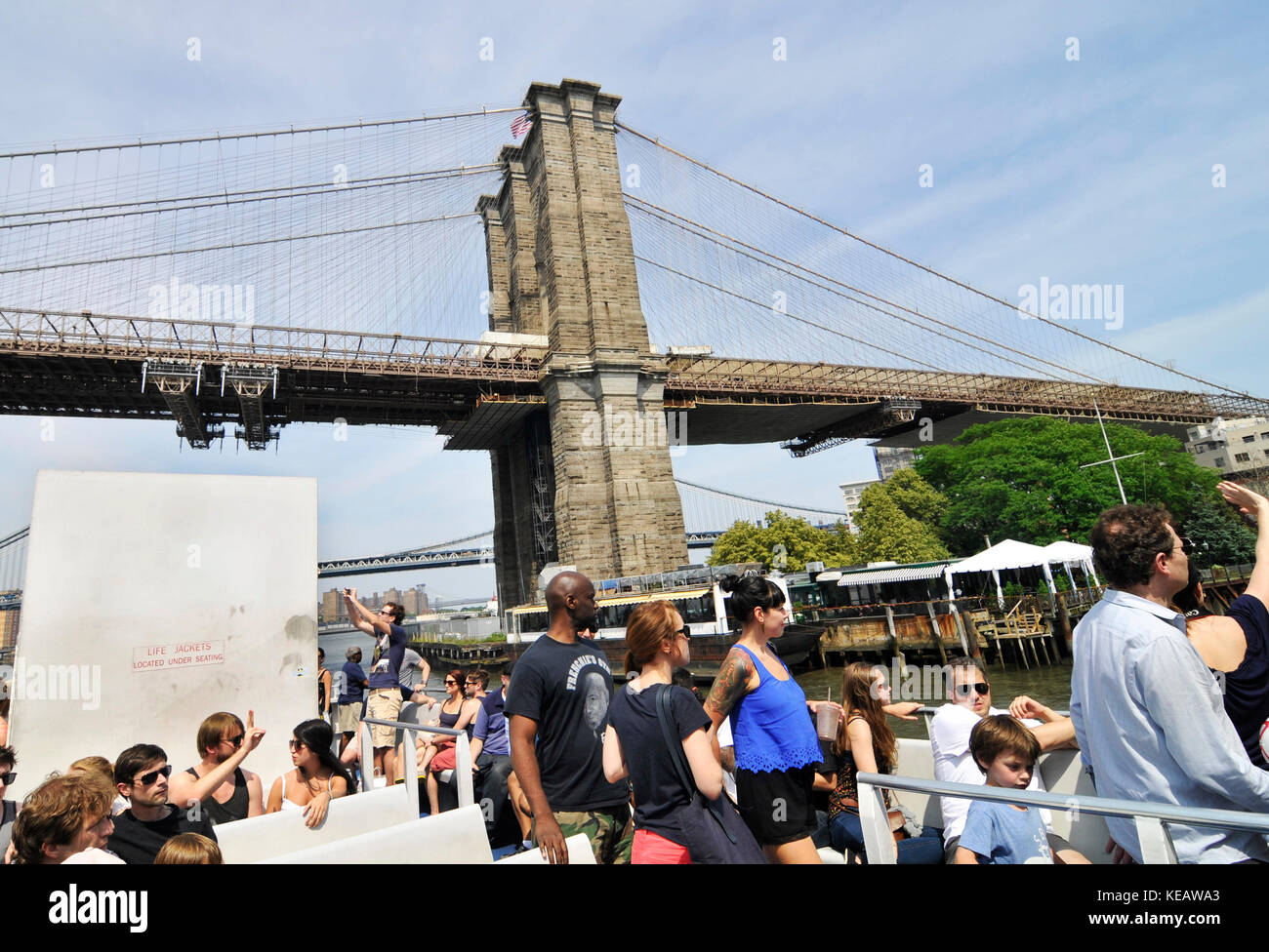 Passengers on the ferry between Brooklyn bridge park and south street ...