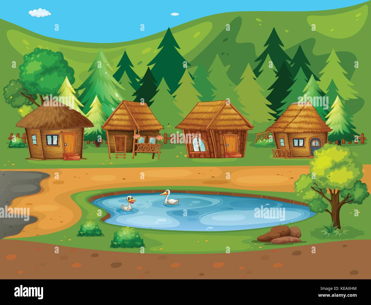 Illustration of many huts by the pond Stock Vector Image & Art - Alamy