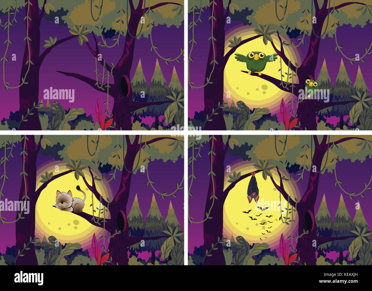 Illustration of four night scenes of the forests Stock Vector Image ...