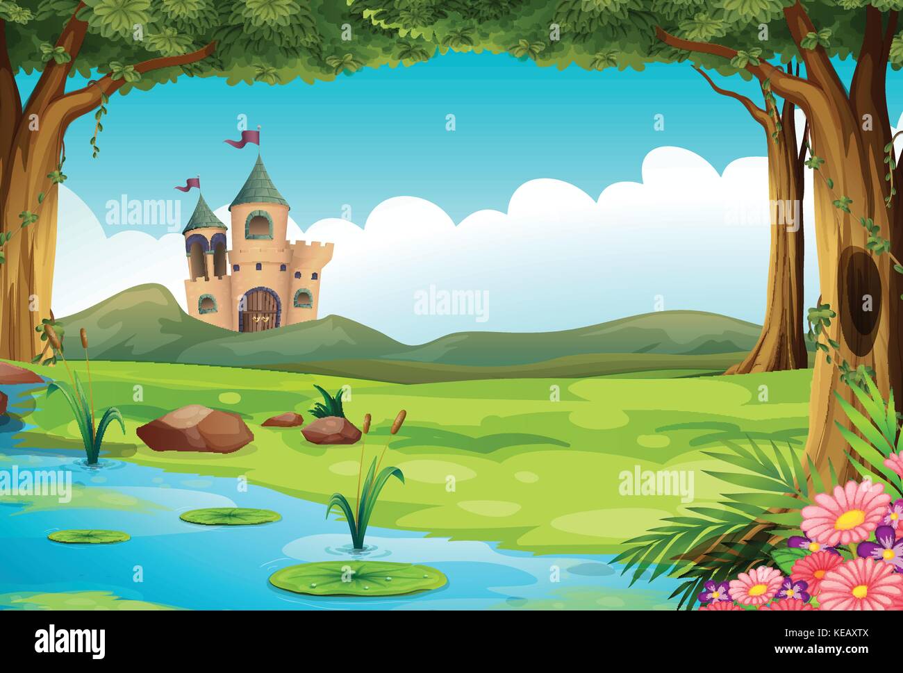 Illustration of a castle and a pond Stock Vector Image & Art - Alamy
