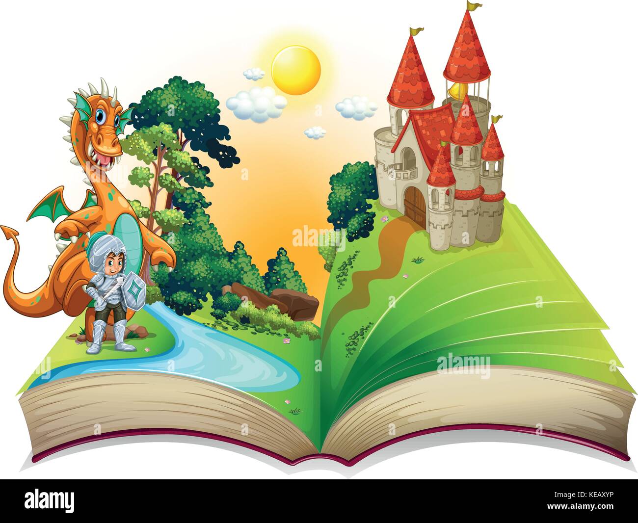 Illustration of a dragon and a knight in the storybook Stock Vector ...