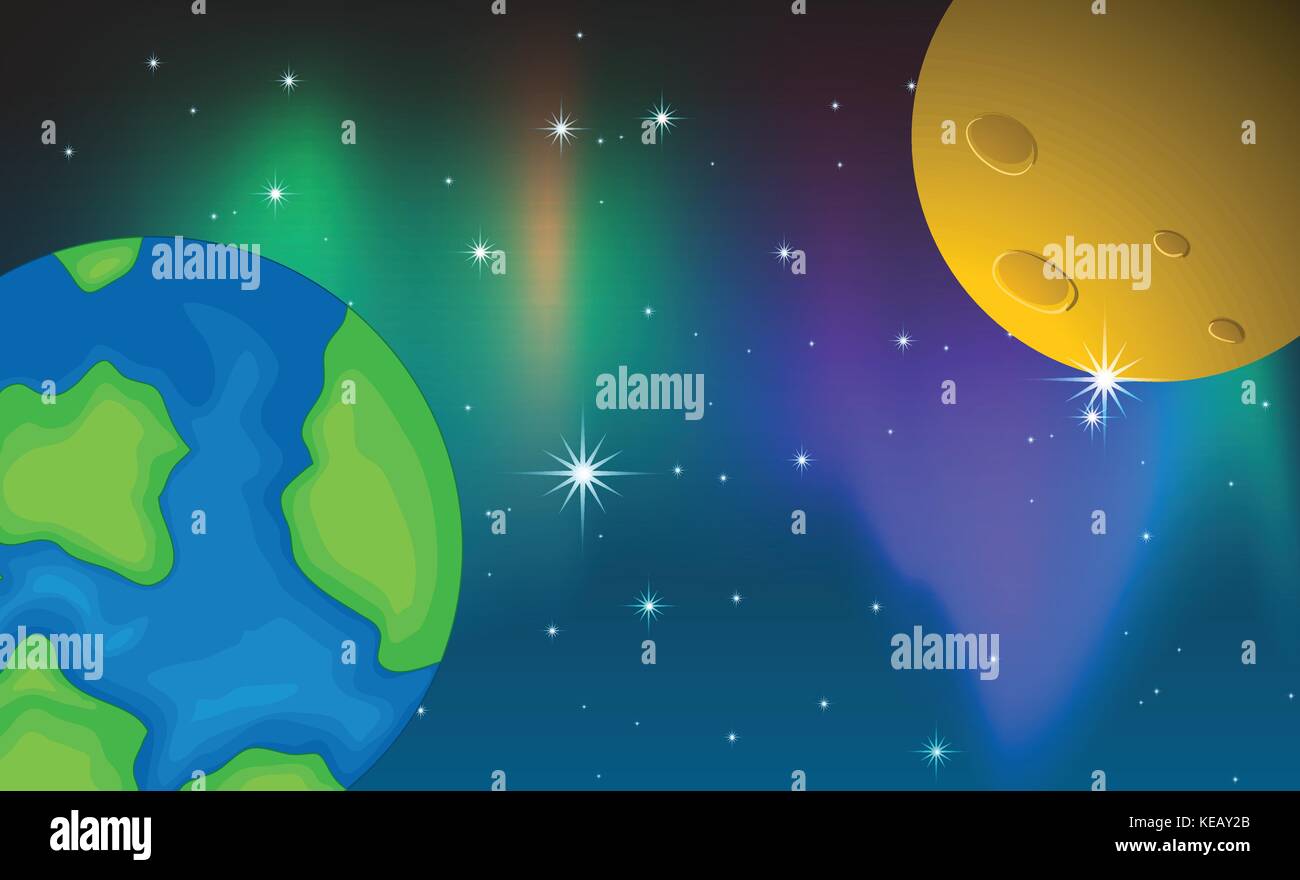 Illustration of two planets and aurora background Stock Vector Image ...