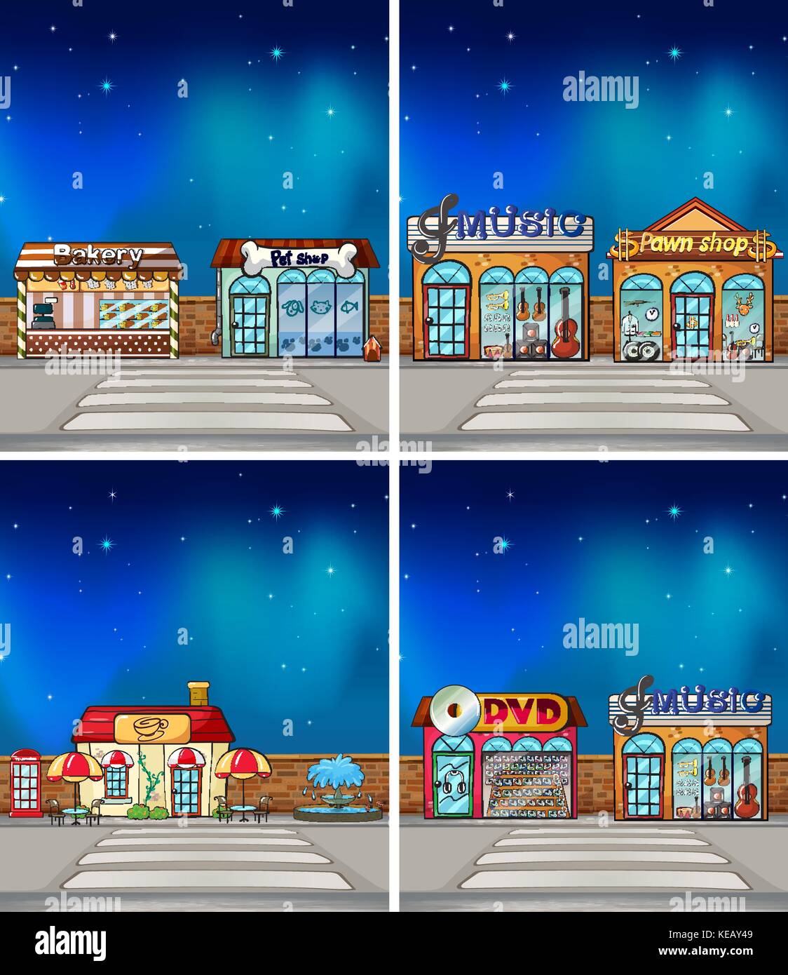 four scene of shops at night Stock Vector Image & Art - Alamy