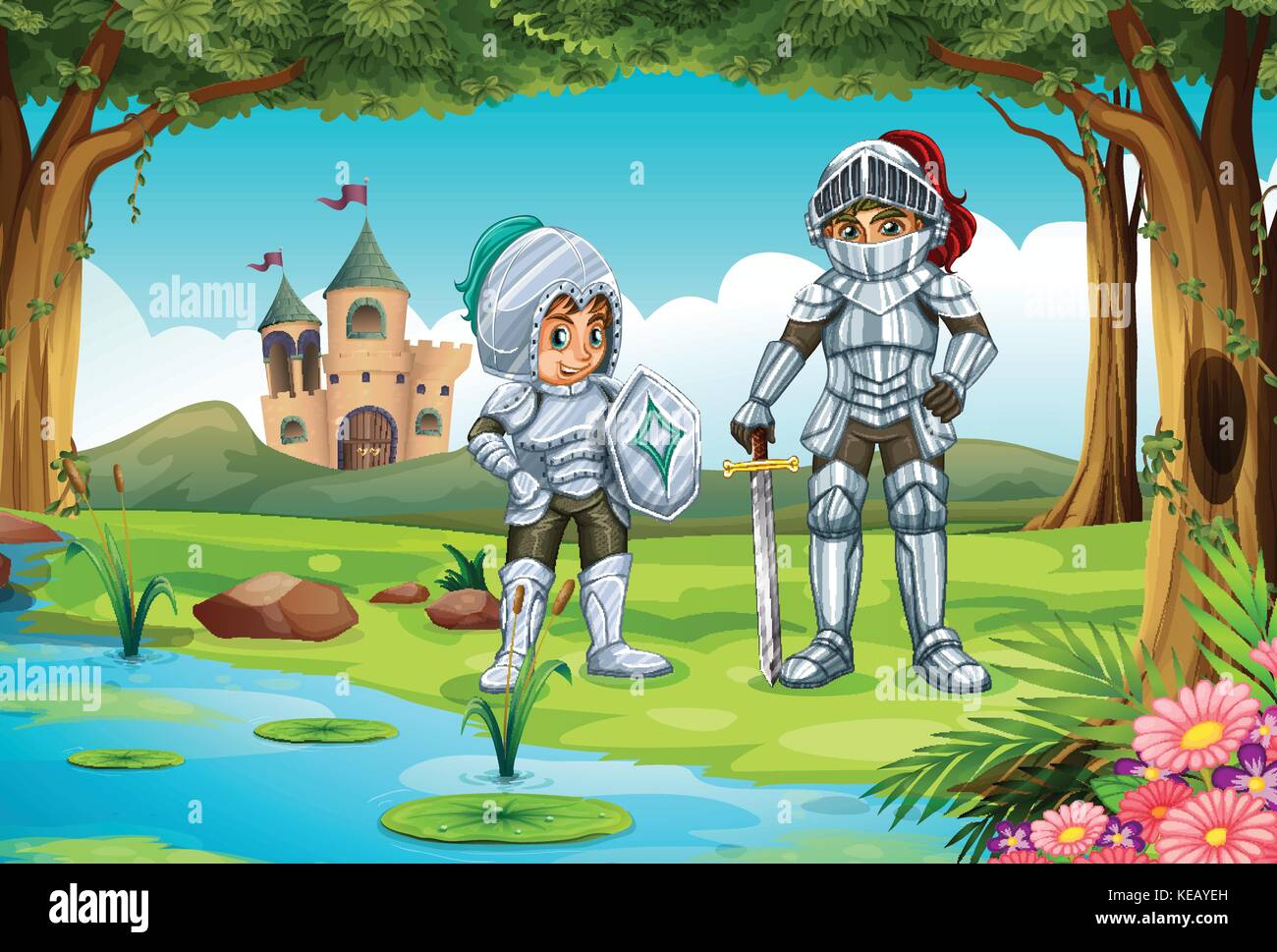 Illustration of two knights standing in a forest Stock Vector Image ...