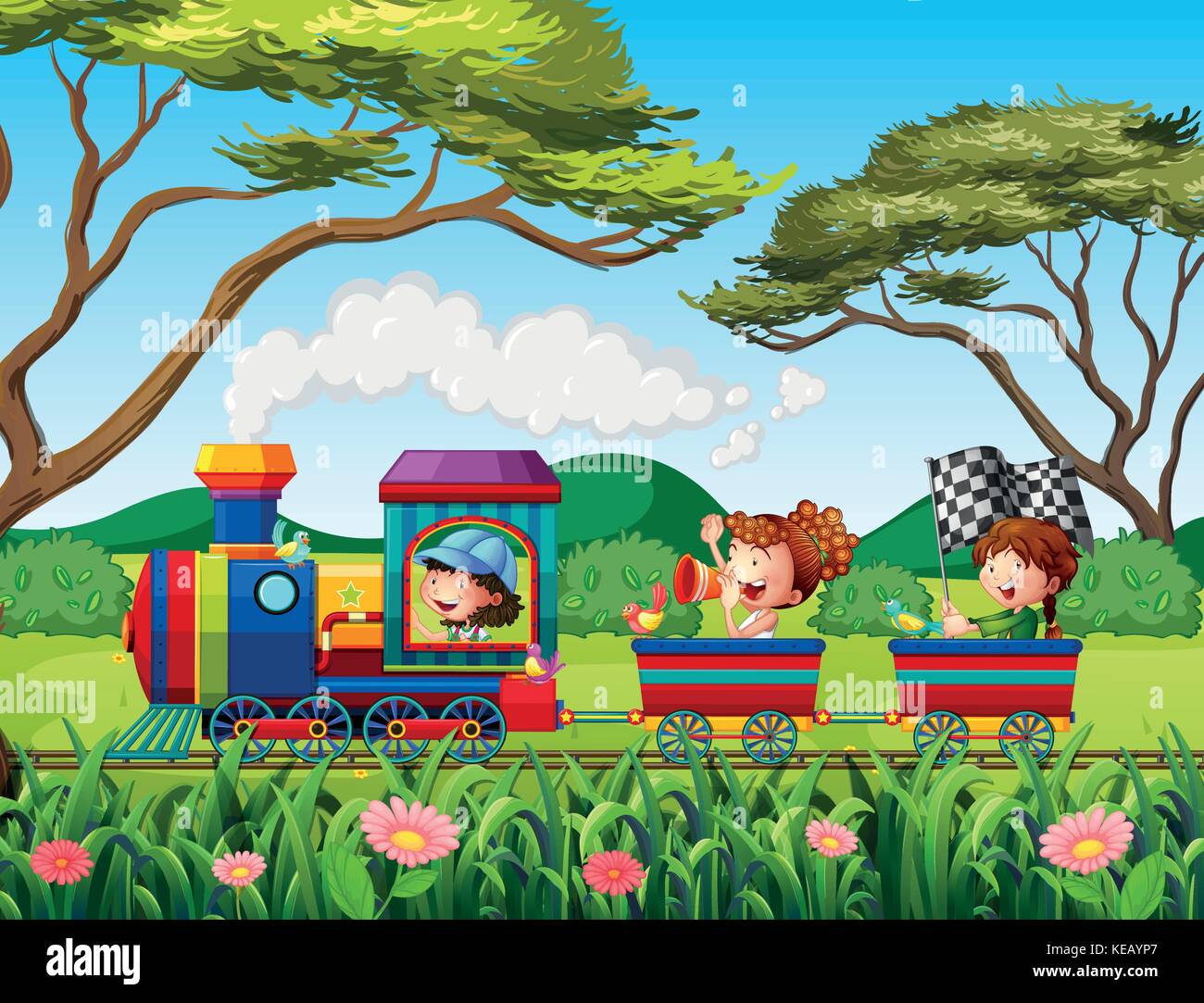 Children riding on train in the forest Stock Vector Image & Art - Alamy