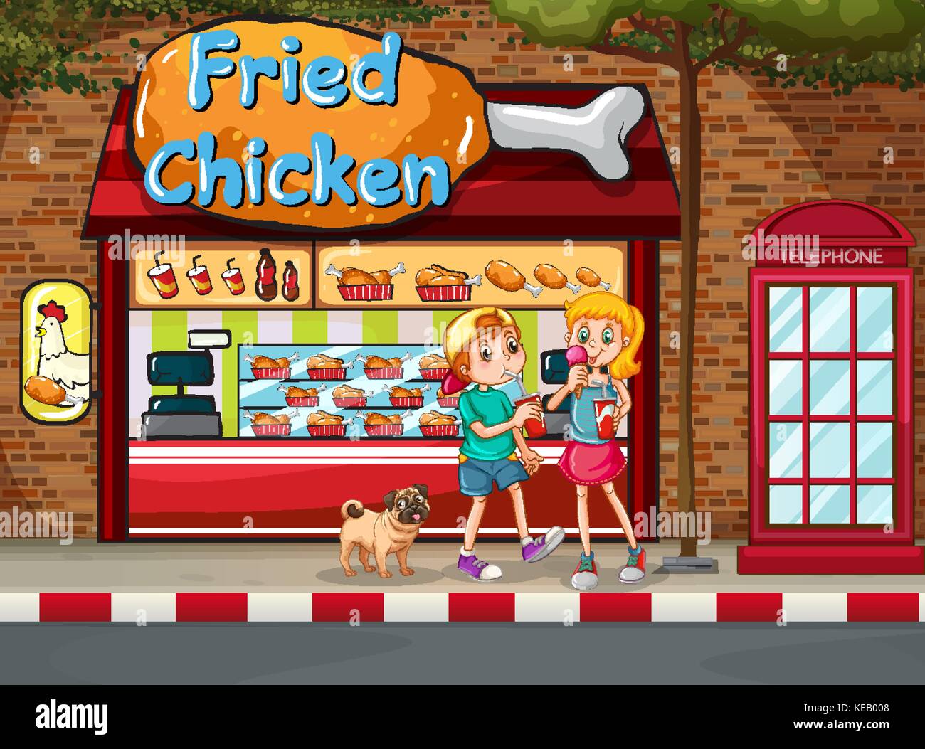 Children eating junkfood in front of fried chicken shop Stock Vector ...