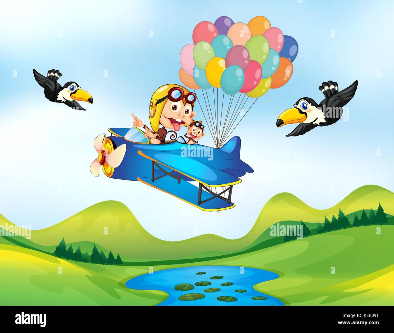 Monkey flying helicopter with balloons in the back Stock Vector Image ...