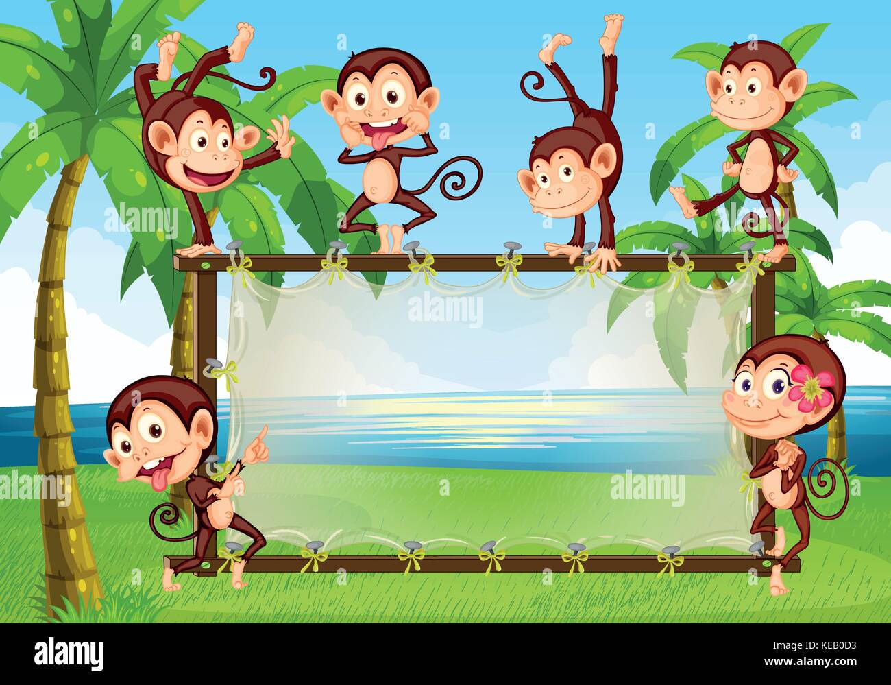 Monkeys doing funny actions on a wooden frame Stock Vector Image & Art ...
