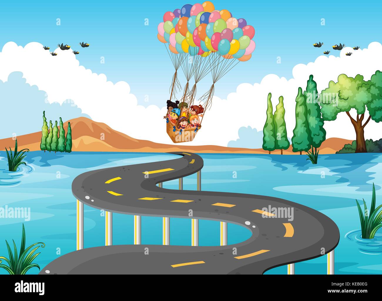 Children flying over the river and road Stock Vector Image & Art - Alamy