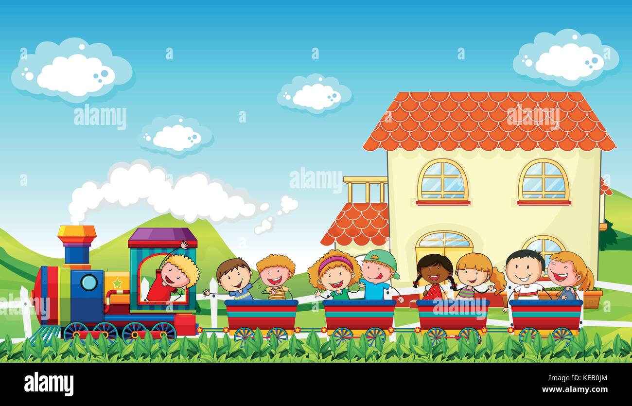 Happy children riding on a train along the field Stock Vector Image ...