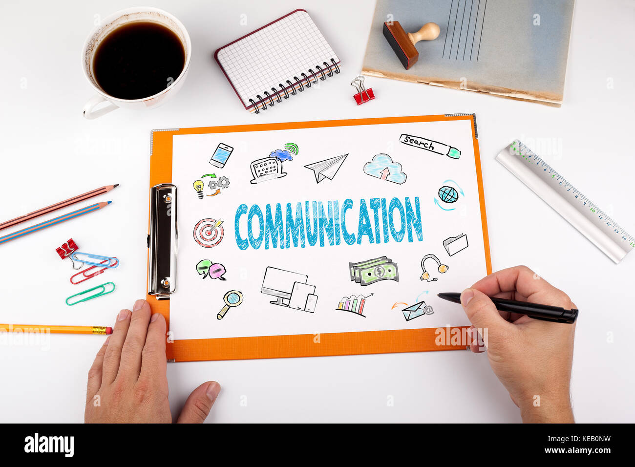 Communication Concept, keywords and icons. Office desk with stationery ...