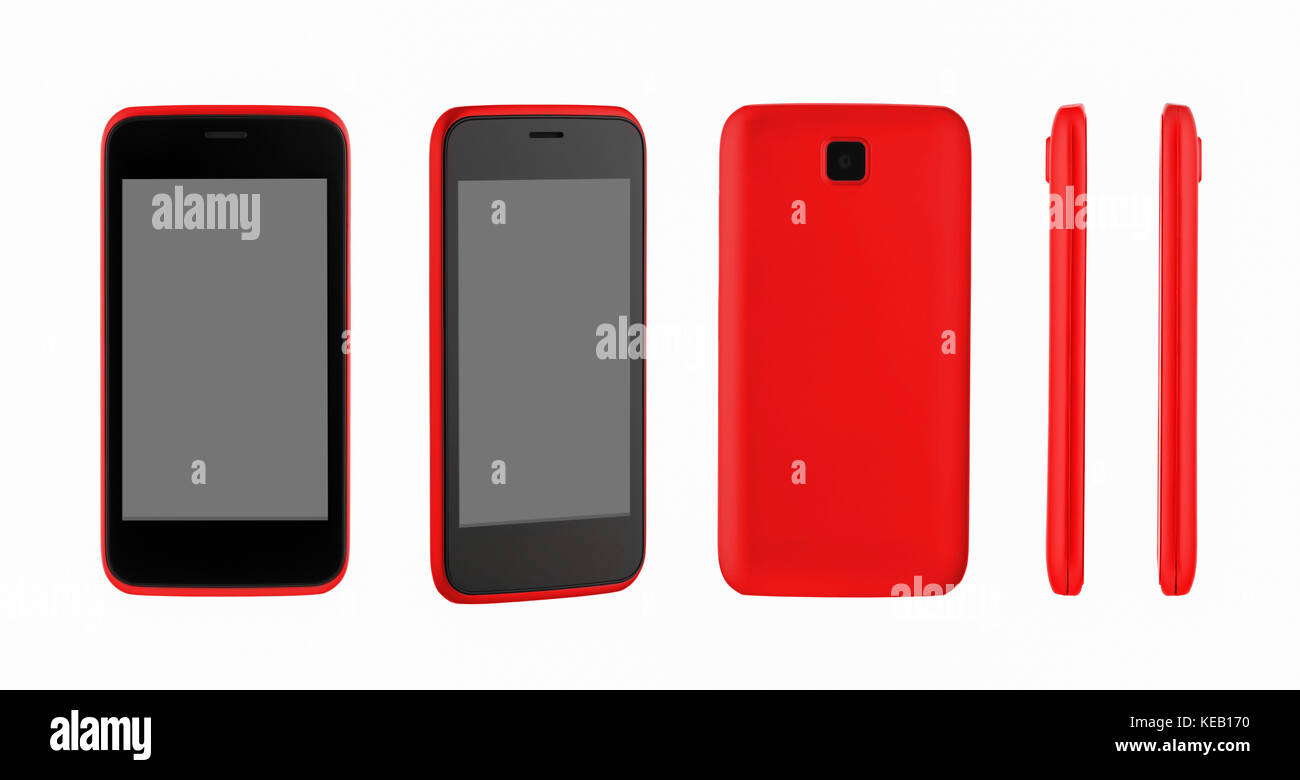 mobile phone in red on a white background, an overview from different ...