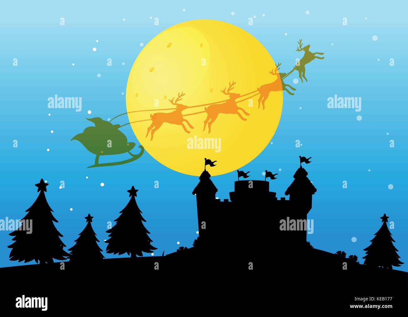 Santa riding reindeers over the castle at night Stock Vector Image ...