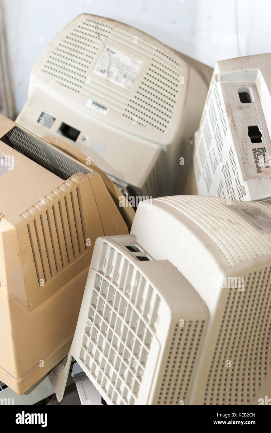 Old broken computers and CRT PC computer monitors (screens Stock Photo ...