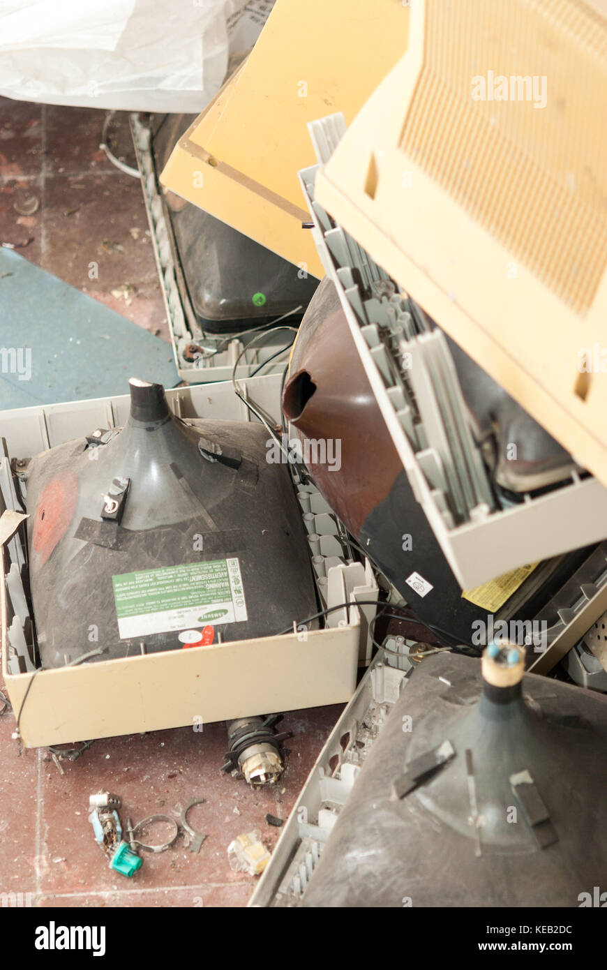 Old broken computers and CRT PC computer monitors (screens Stock Photo ...