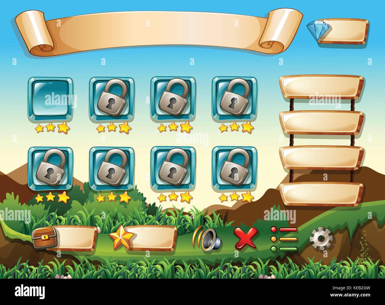 Illustration of a scene from computer game with a field background ...