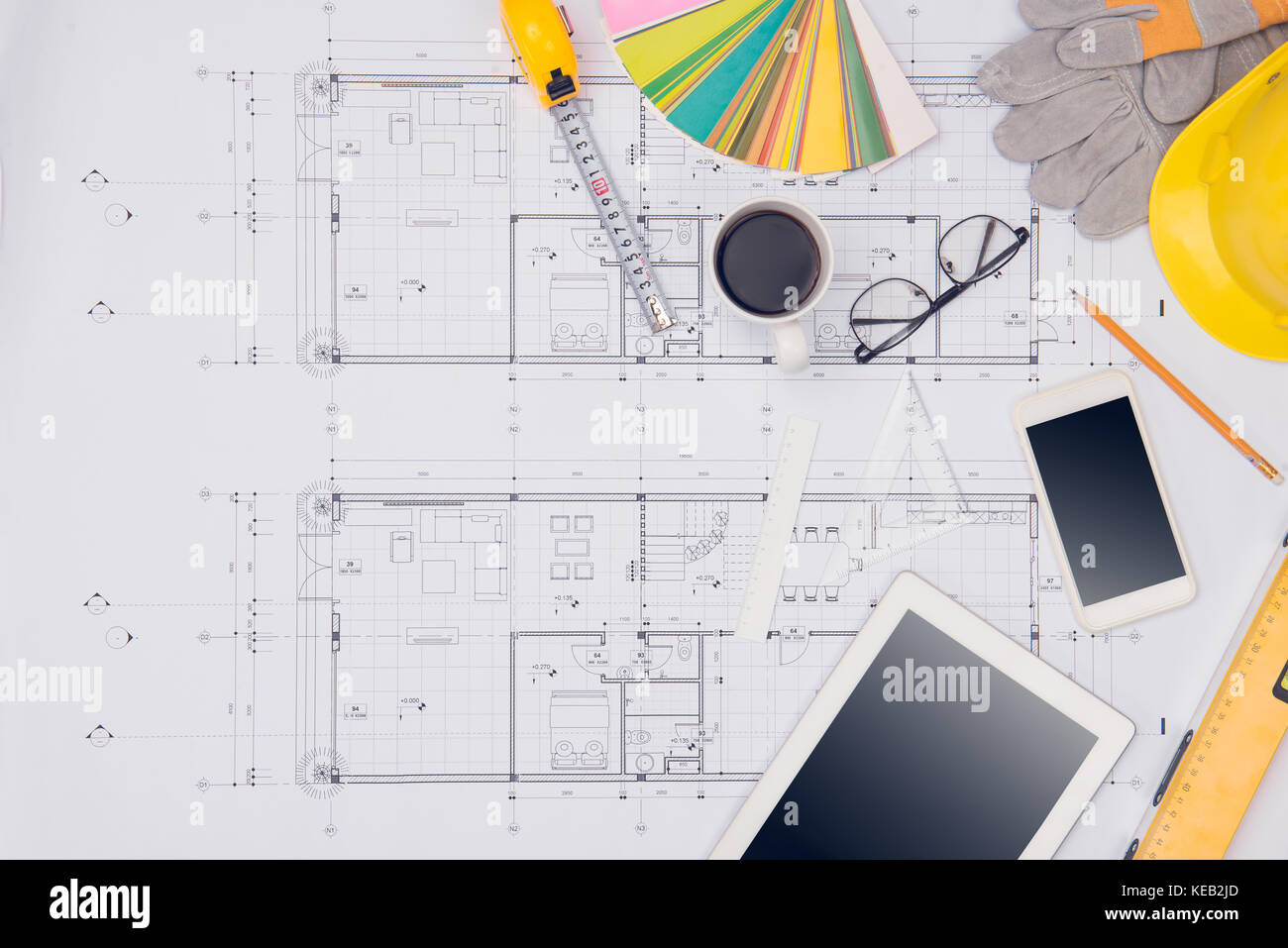 Workplace of architect. Architectural plan, technical project drawing ...