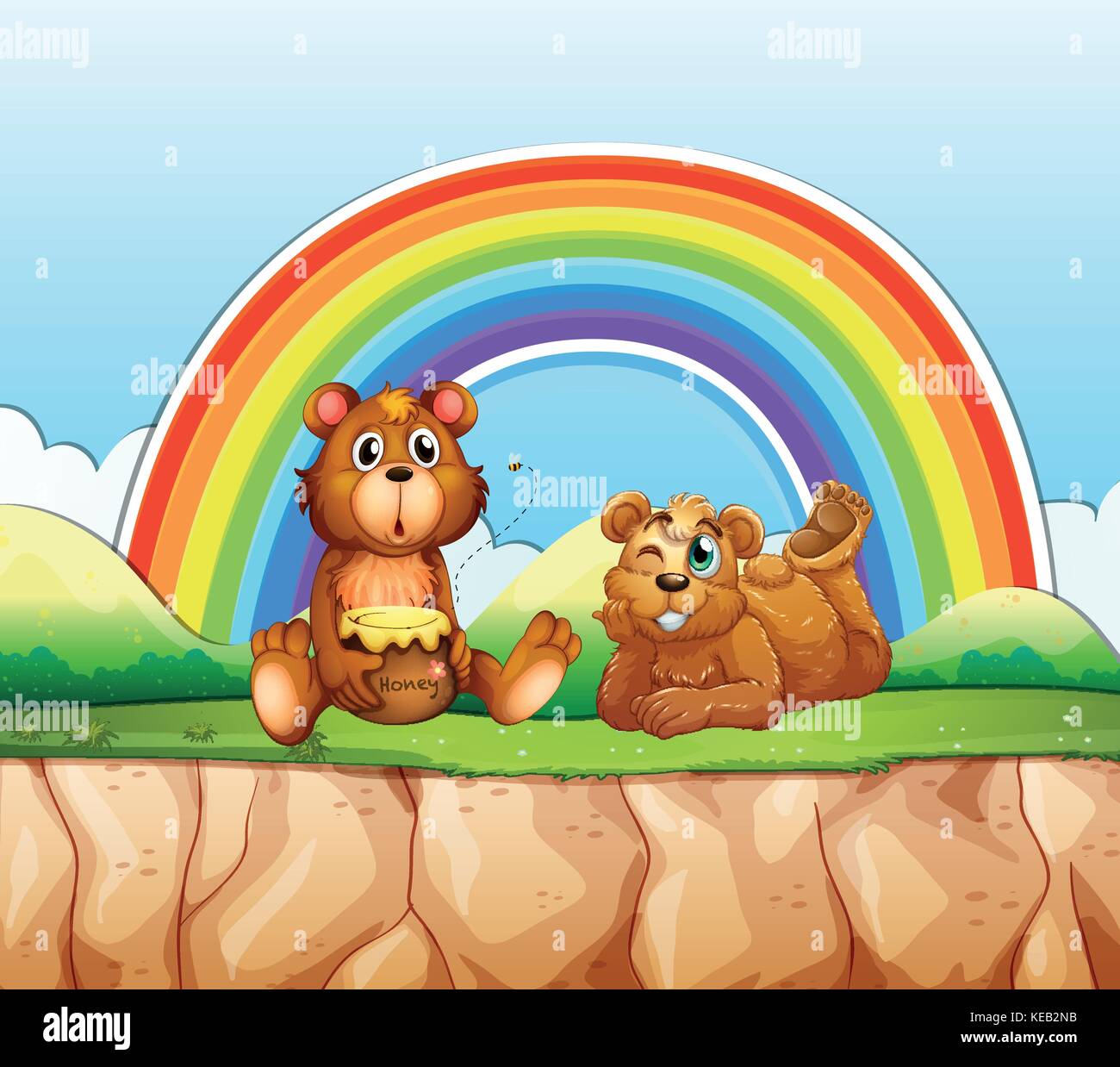 Two bears sitting on the field with rainbow background Stock Vector ...