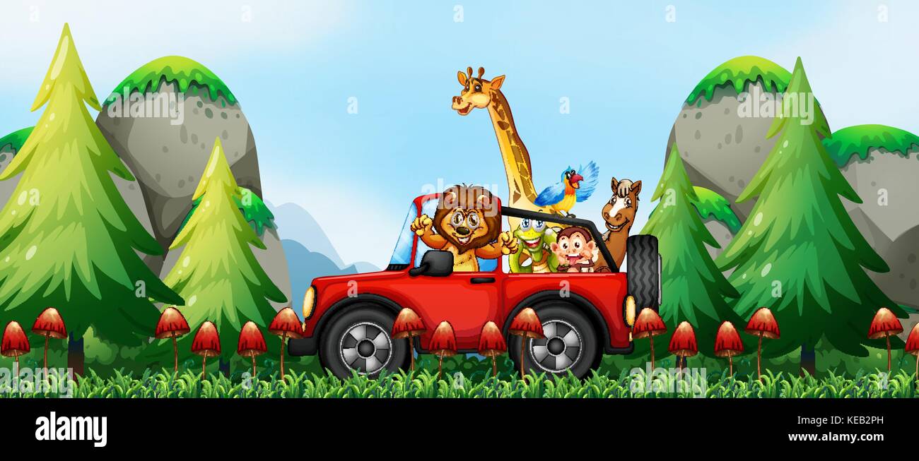 Different animals riding on a car in the park Stock Vector Image & Art ...