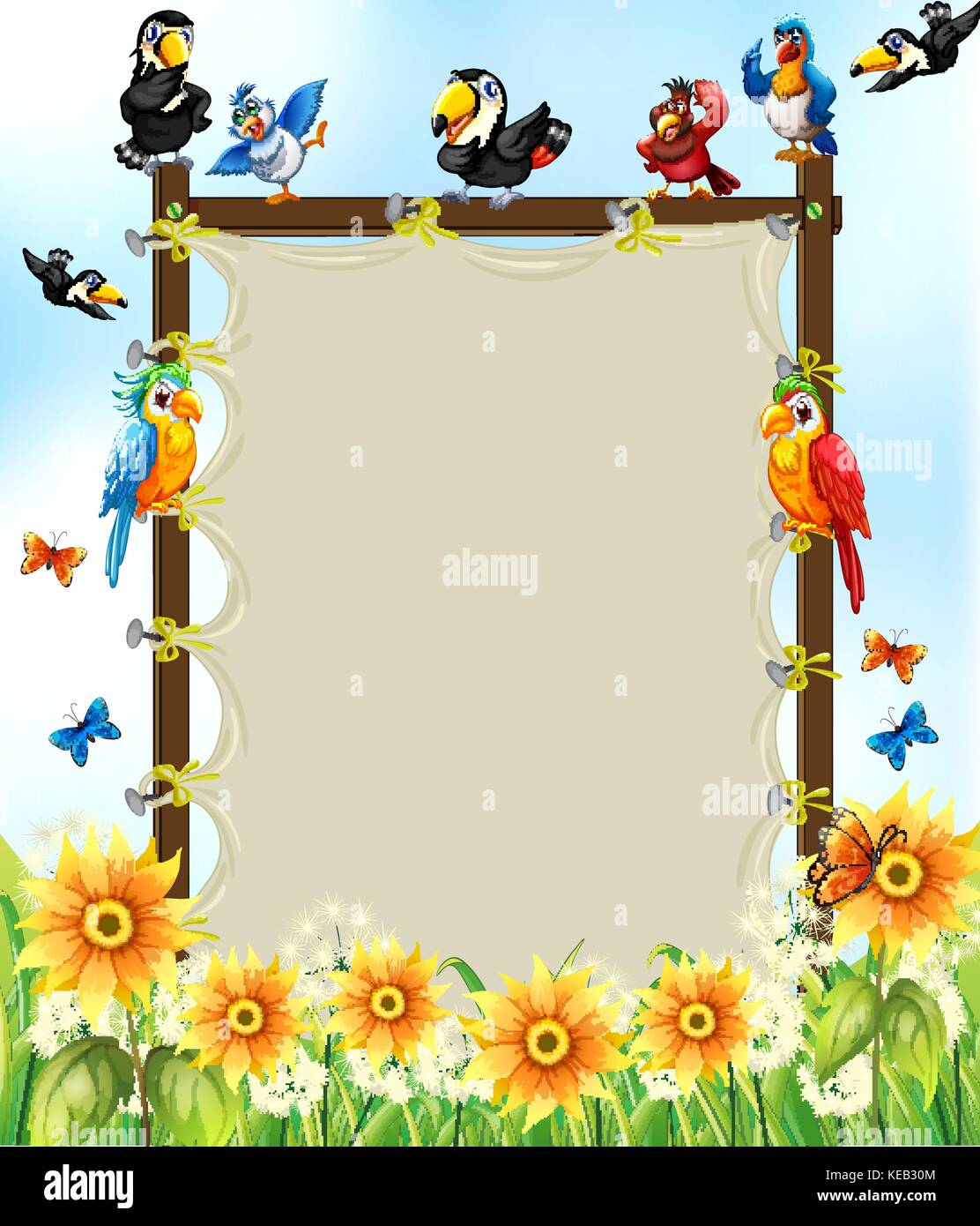 Wooden frame with many birds and flowers background Stock Vector Image ...