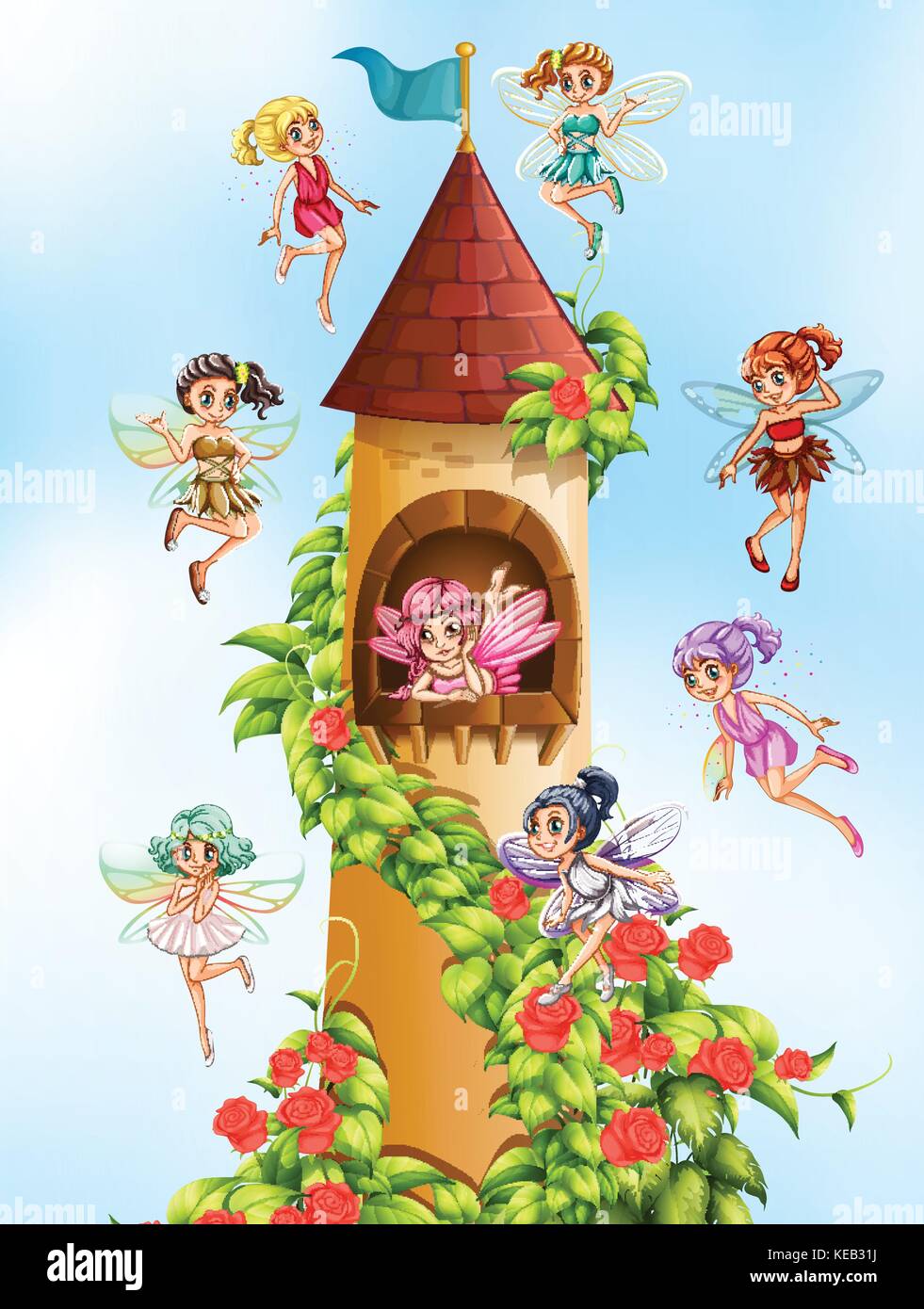 Fairies flying around the castle tower Stock Vector Image & Art - Alamy