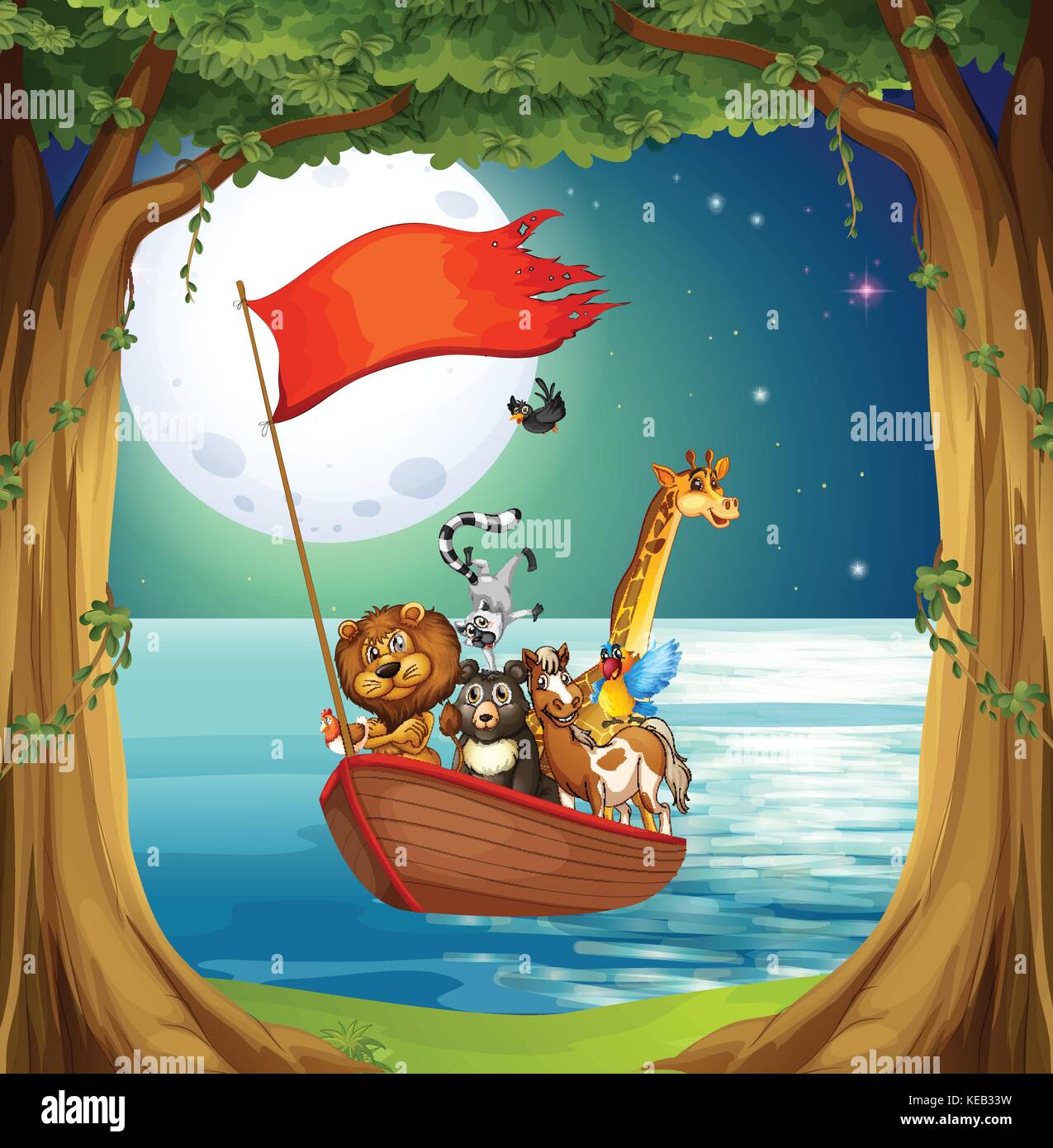 Many animals on the boat with fullmoon background Stock Vector Image ...
