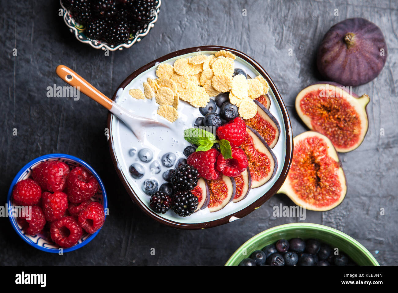 Delicious yoghurt bowl with blueberries, raspberry, figs Stock Photo ...