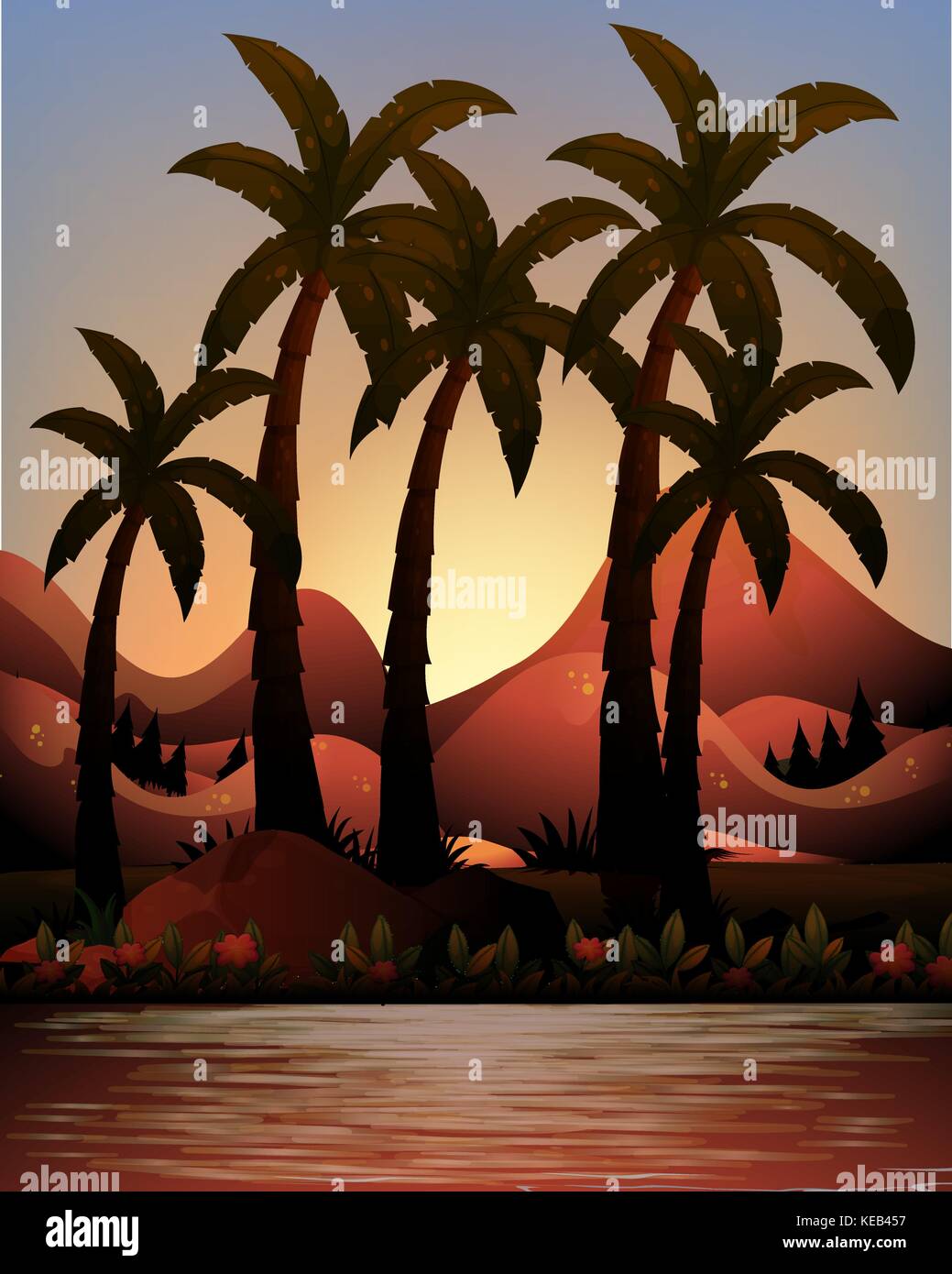 Silhouette ocean view with coconut trees and hills Stock Vector Image ...
