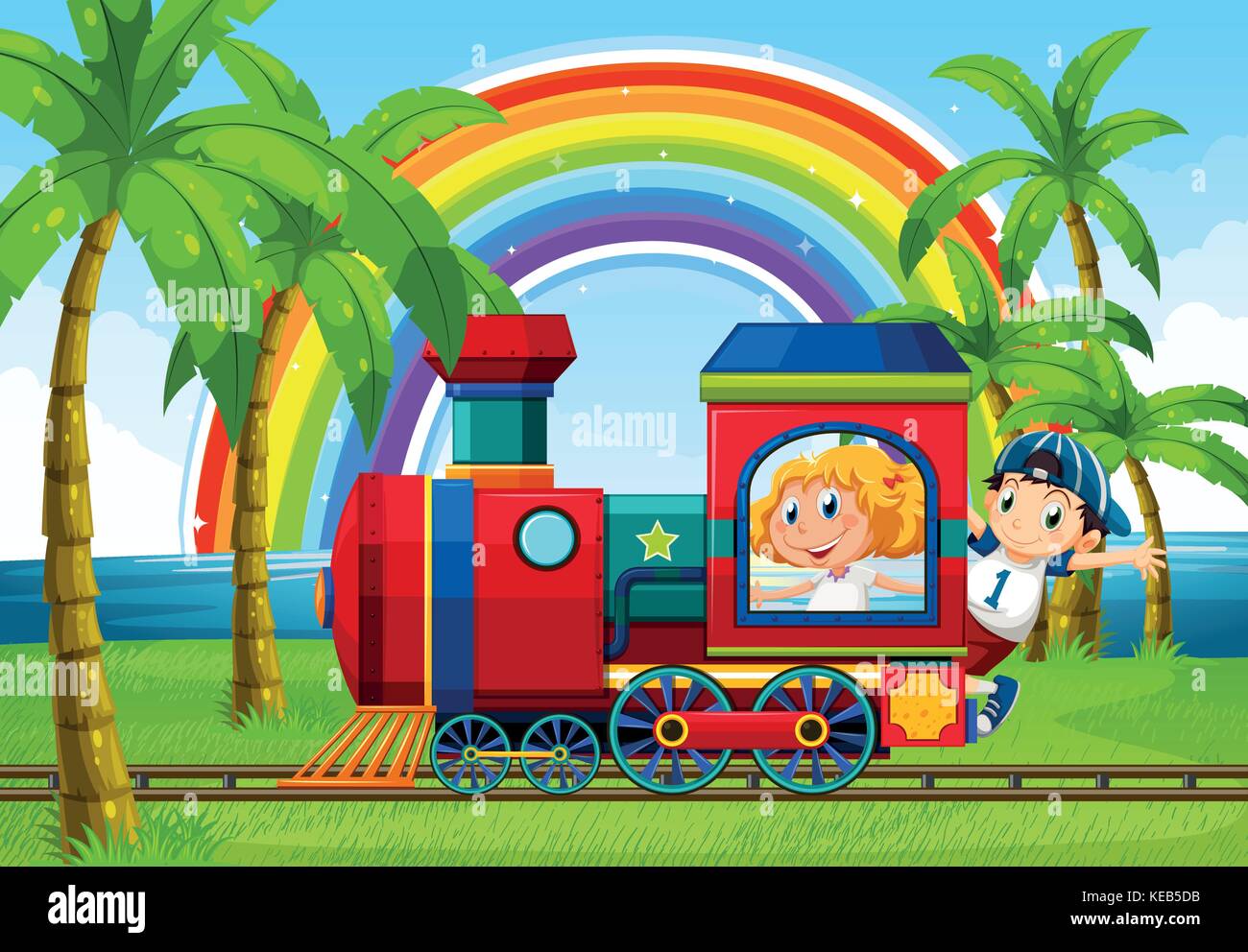 Boy and girl riding on a train with rainbow background Stock Vector ...