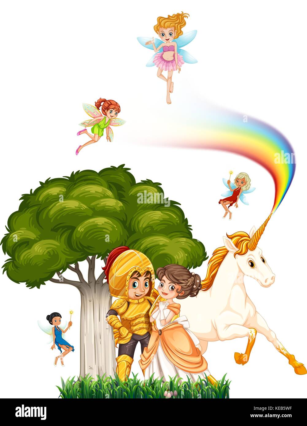 Knight and princess hugging with fairies and unicorn Stock Vector Image ...