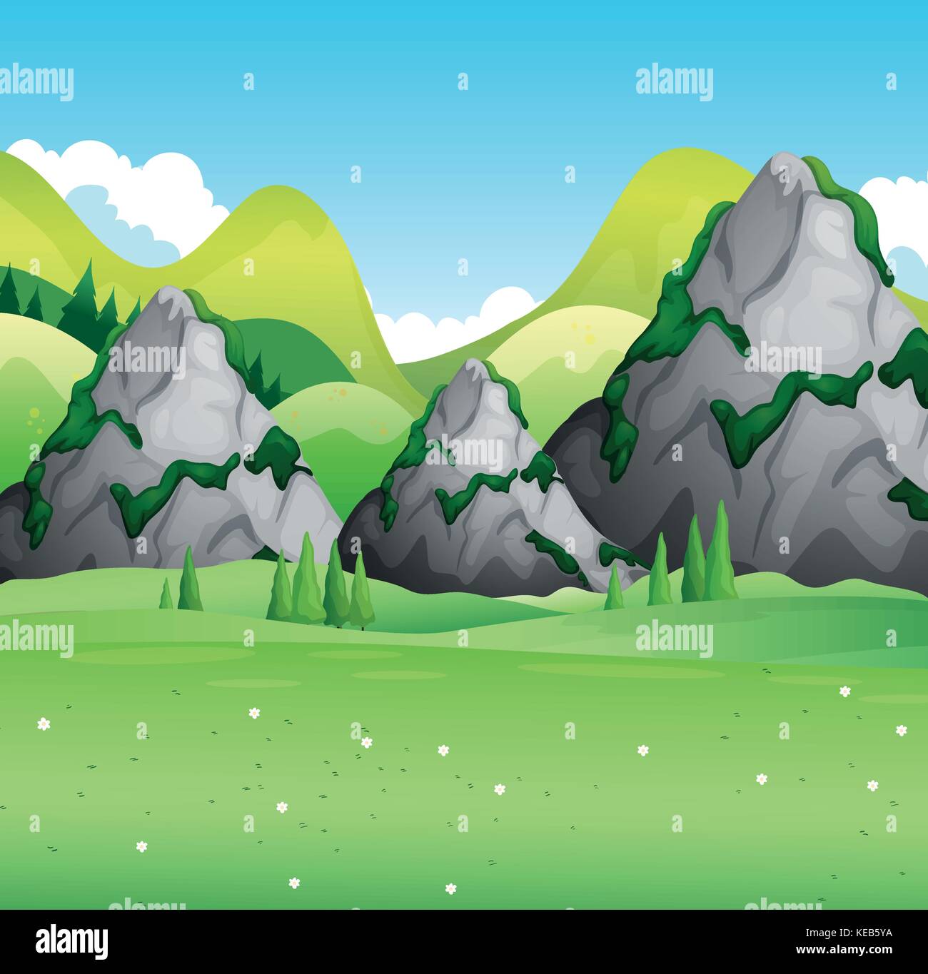 Green field and rocky mountain at daytime Stock Vector Image & Art - Alamy
