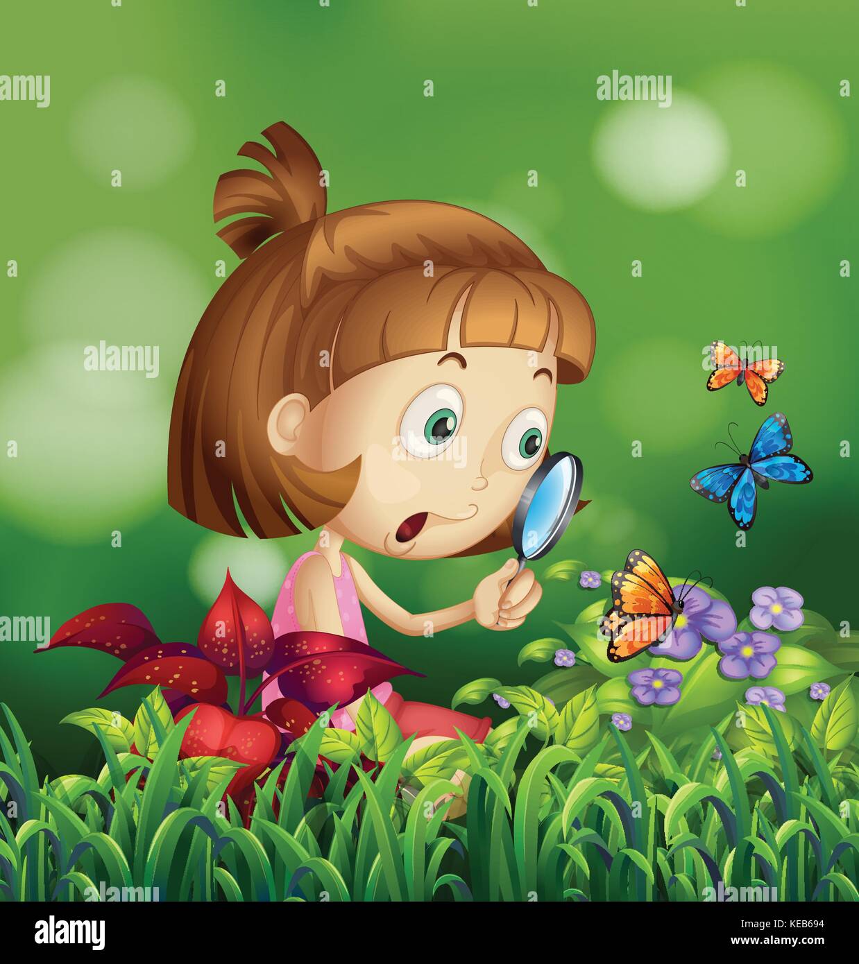 Girl looking at the butterflies on the flower Stock Vector Image & Art ...