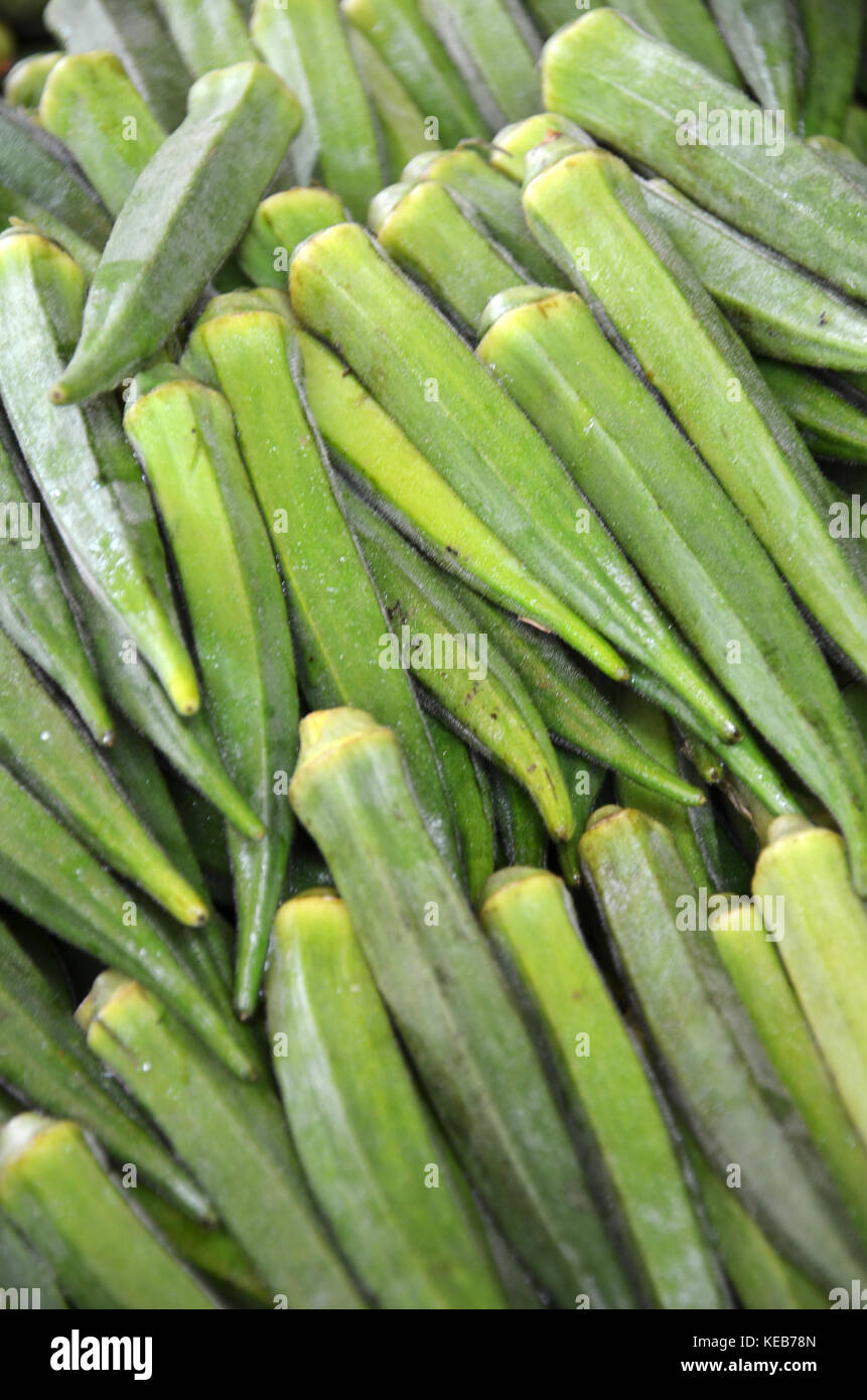 Raw green Okra on display at Vegetable and Fruit Stall of Local Market ...