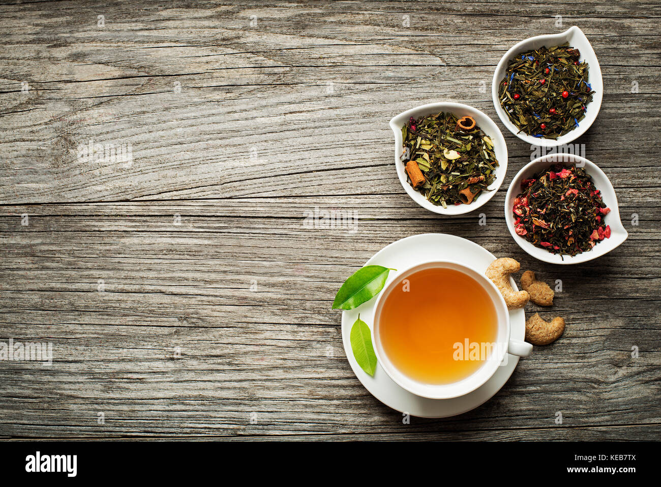 Cup of tea with dry tea collection of different types Stock Photo - Alamy