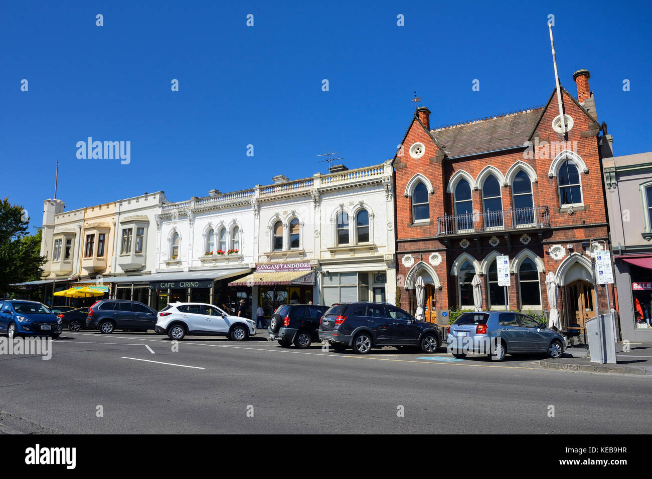 Shops, hotels and restaurants along Nelson Place on the seafront of ...