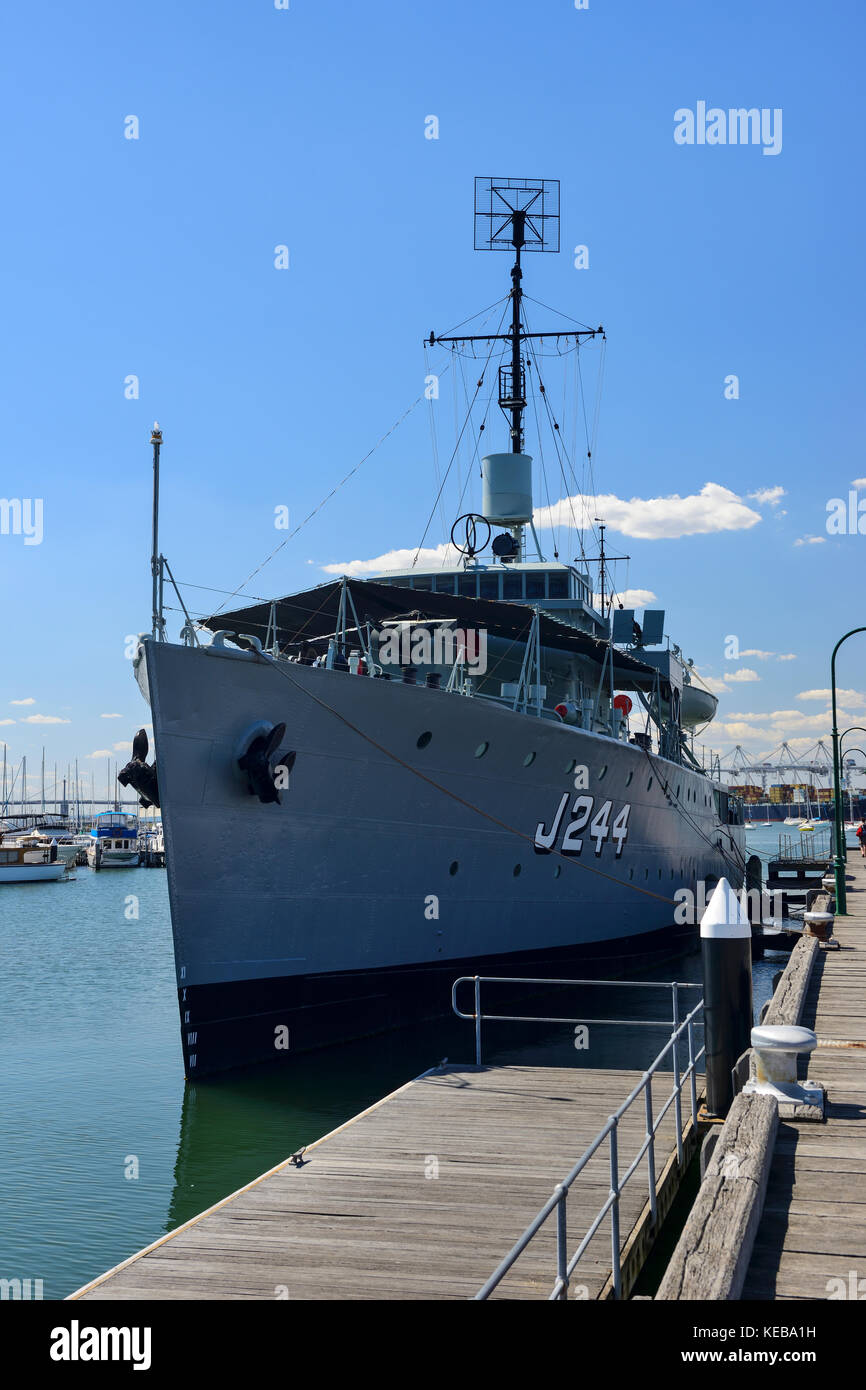 HMAS Castlemaine museum ship berthed at Gem Pier in Williamstown, a ...