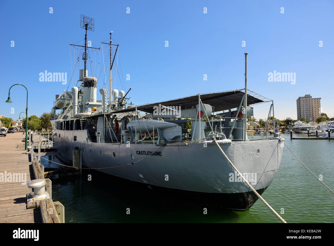 HMAS Castlemaine museum ship berthed at Gem Pier in Williamstown, a ...