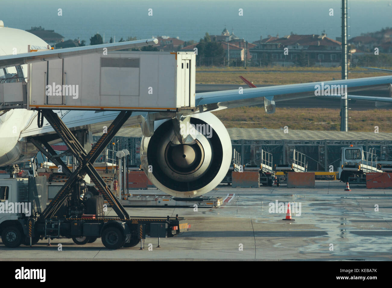 Engine of airplane in airport, preparing for take-off Stock Photo - Alamy
