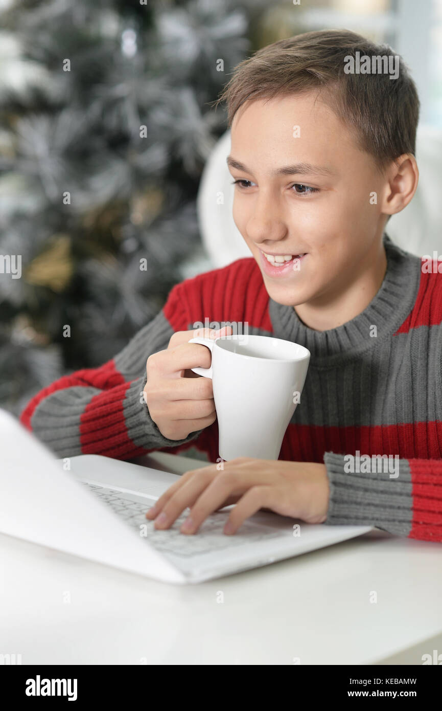 Teen boy with laptop Stock Photo - Alamy