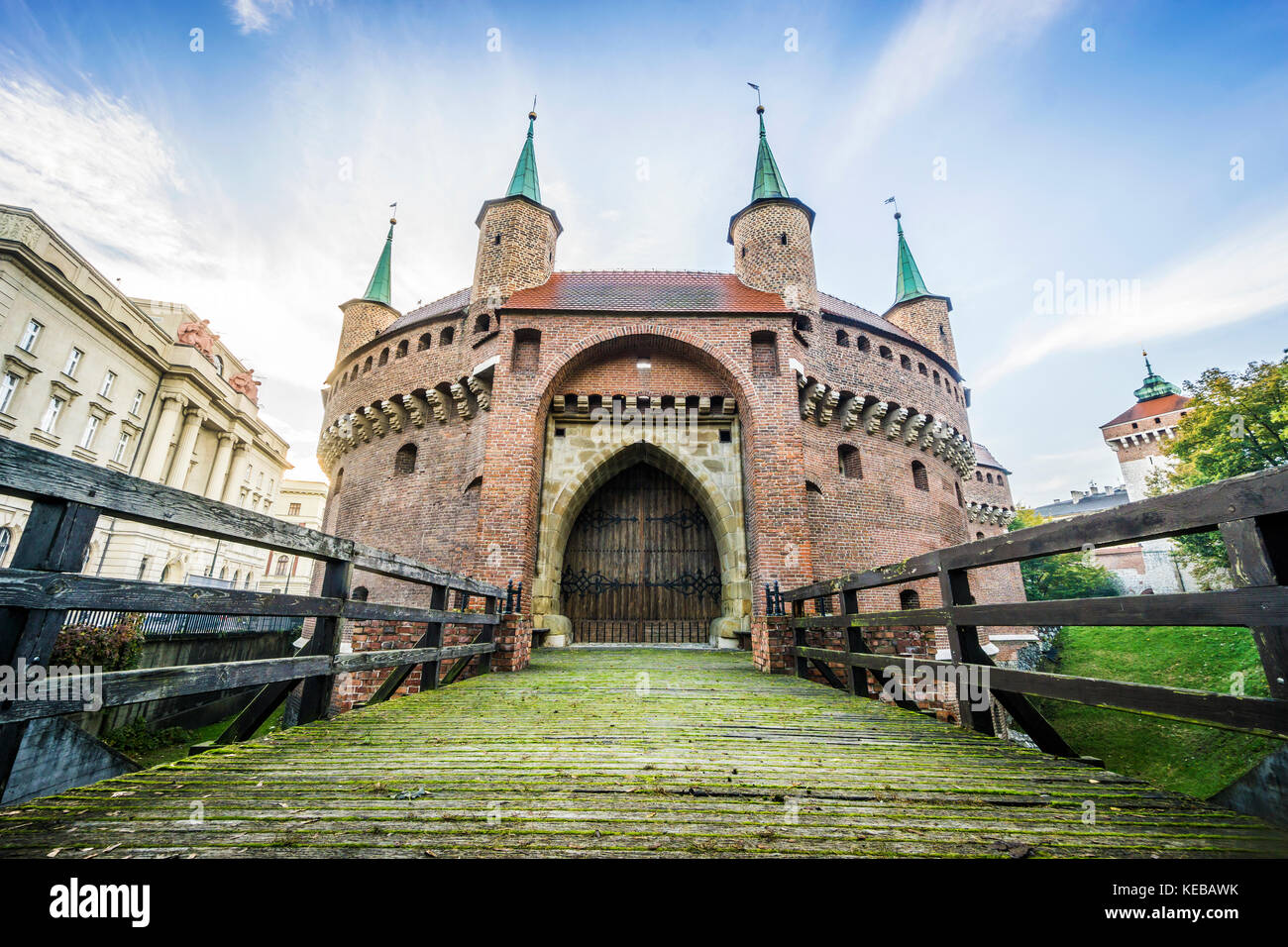 Low angle shot of Barbakan in Krakow which used to be part of the city ...