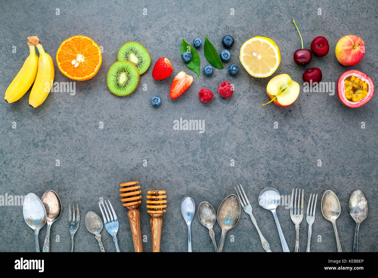 Flat lay various fresh fruits raspberry ,blueberry ,strawberry ,orange ...